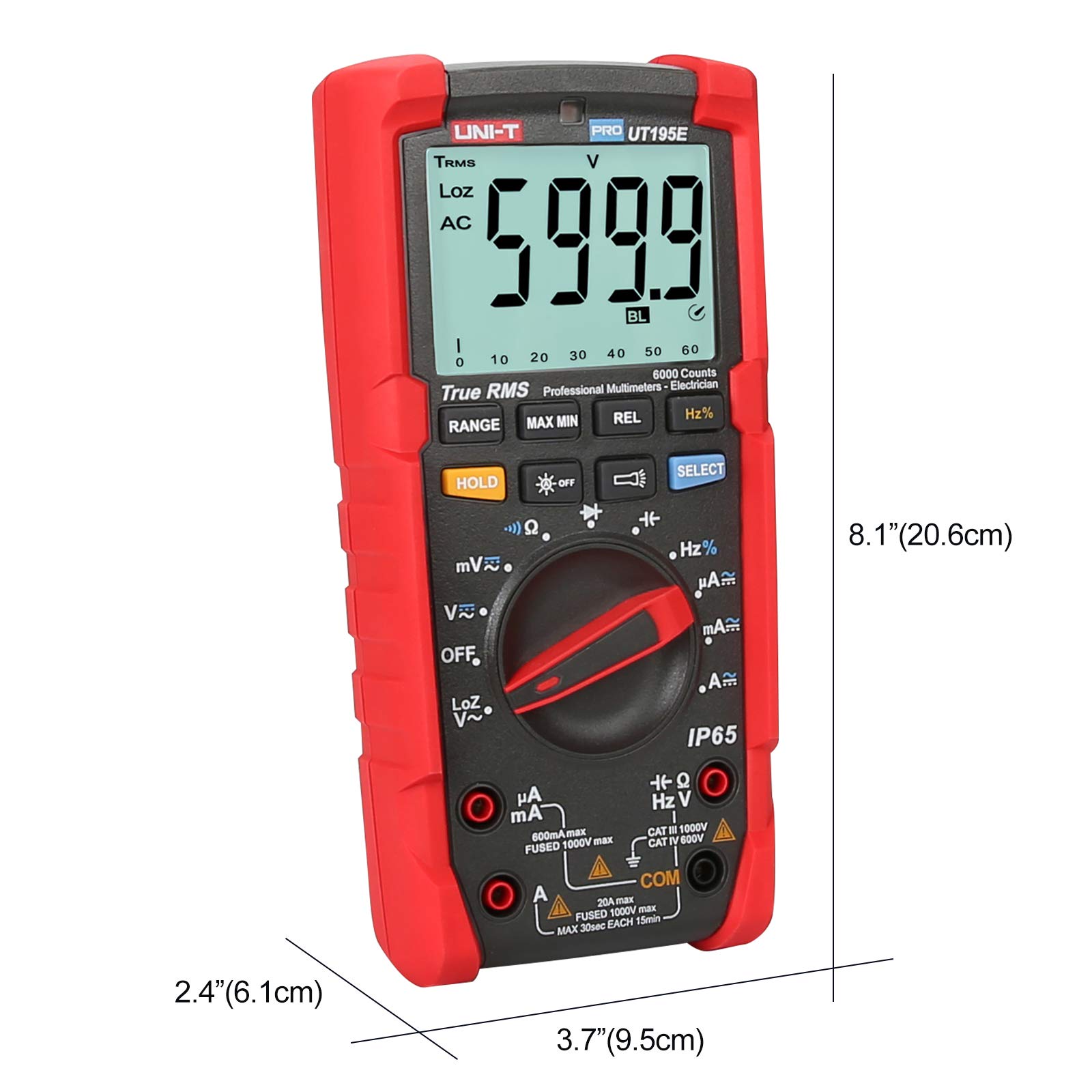 UNI-T UT195E Industrial Digital Multimeter (IP65, 2M Drop Test) True RMS 6000 Counts AC DC Voltage Current LOZ ACV Resistance Capacitance Frequency Duty Cycle Diode Continuity Test Auto/Manual Range