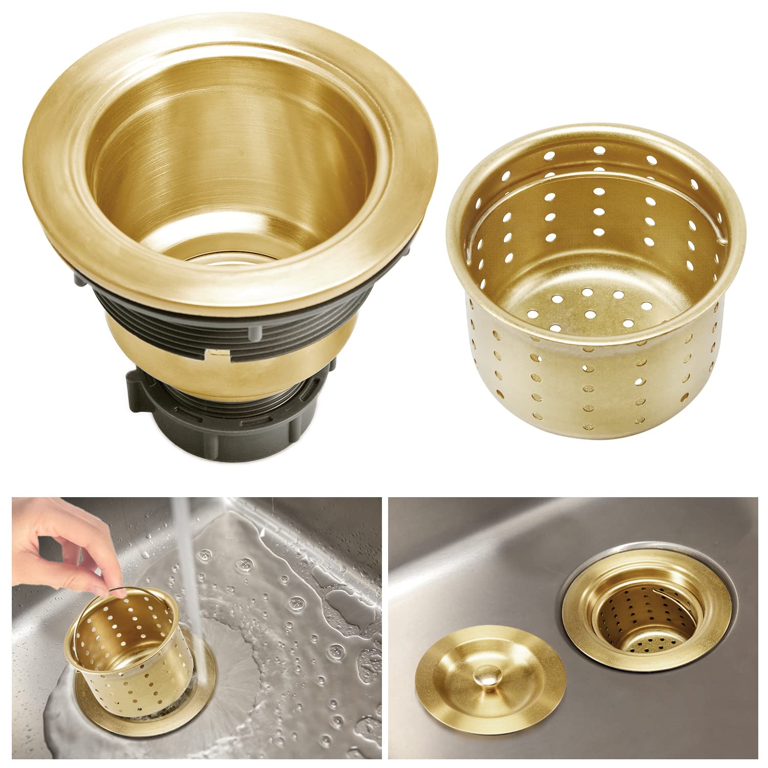 KONE 3-1/2 Inch Gold Sink Drain, Durable Stainless Steel Brass Kitchen Sink Drain Assembly Kit with Sink Strainer Waste Basket/Strainer Assembly/Sealing Lid for Standard Kitchen Sink