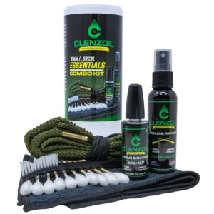 clenzoil field & range pistol & rifle essentials gun cleaning kit | clp spray & oiler with bores cleaner | clean, lubricate & protect | nylon brush, bore swabs & microfiber (9mm | 38 caliber)