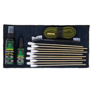 Clenzoil Field & Range Pistol & Rifle Essentials Gun Cleaning Kit | CLP Spray & Oiler with Bores Cleaner | Clean, Lubricate & Protect | Nylon Brush, Bore Swabs & Microfiber (9mm | 38 Caliber)