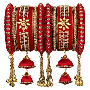 aheli wedding party designer velvet faux stone studded bridal bangle set chuda with hangings indian traditional ethnic fashion jewelry for women(red)