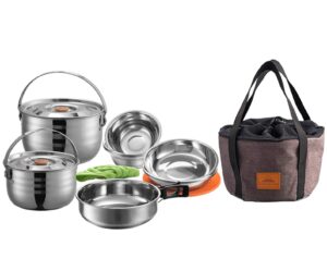 camping moon cookware set, 13pcs stainless steel outdoor camping nesting mess kit pots pans, magnetic thick bottom, foldable handle, includes storage bag