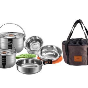 CAMPING MOON Cookware Set, 13PCS Stainless Steel Outdoor Camping Nesting Mess Kit Pots Pans, Magnetic Thick Bottom, Foldable Handle, Includes Storage Bag