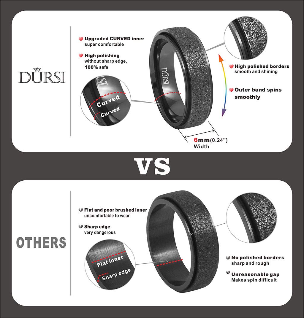 DURSI Spinner Ring for Women Men Fashion Stainless Steel Fidget Ring for Anxiety Sand Blast Finish 6MM / 8MM (Black 6mm, 4)