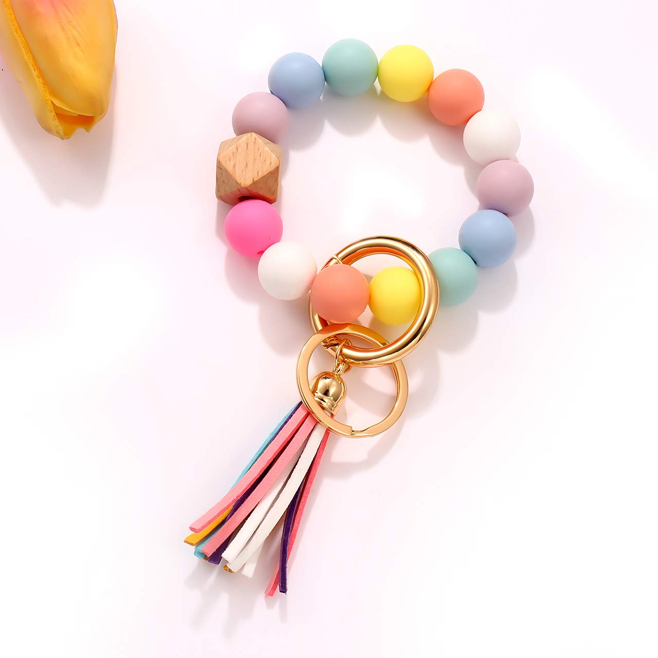 NVENF Silicone Bead Keychain Bracelet Large Keyring Elastic House Car Key Ring Wristlet Bangles(Rainbow)