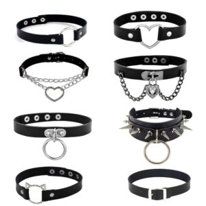 weeh gothic choker set for women and men - pack of 8pcs black pu choker punk rock necklace vintage collar cosplay choker costume accessory