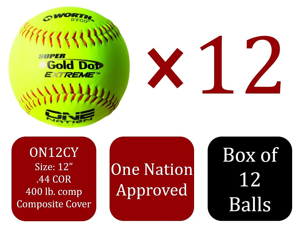 Worth One Nation 12" (Pack of 12) Gold Dot Slowpitch Softball Balls, ON12CY