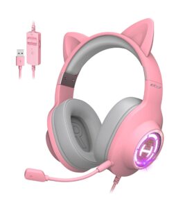 hecate by edifier g2 ii pink gaming headset, usb wired pink gaming headphones with cat ear for pc/mac/ps4/ps5, 7.1 surround sound, detachable cat ear and noise cancelling microphone, led rgb lighting