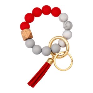 boderier silicone bracelet keychain key ring elastic silicone bead wristlet keychain bracelet bangle portable house car keys ring holder with tassel (red)