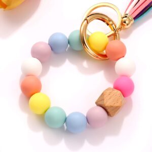 NVENF Silicone Bead Keychain Bracelet Large Keyring Elastic House Car Key Ring Wristlet Bangles(Rainbow)