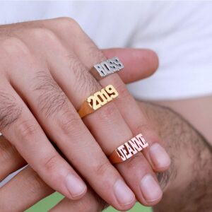 AILIN 925 Sterling Silver/Brass Name Ring Personalized Year Initial Statement Rings Gold/Rose Gold Color Party Birthday Jewelry With Gifts Box For Men Women