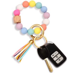 nvenf silicone bead keychain bracelet large keyring elastic house car key ring wristlet bangles(rainbow)