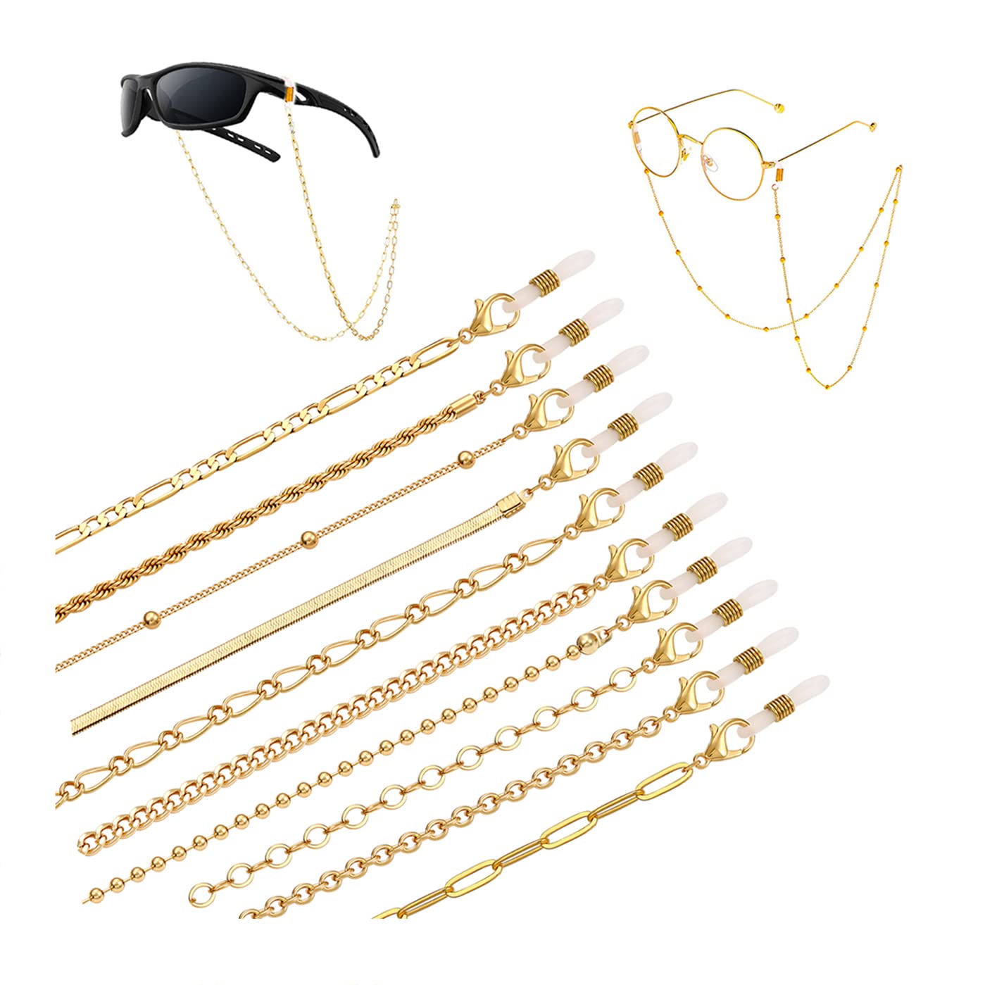 HEIDKRUEGER 10 Pieces Eyeglass Chains String Holders for Women Men Gold Link Necklace Around Neck Glasses Mask Chain Lanyard Eyewear Retainer Accessory Chain