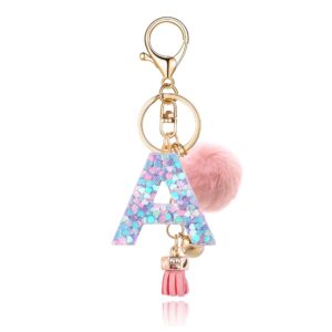 okaicen pink-purple resin alphabet initial letter keychain key ring for women grils purse handbags with faux rabbit fur ball pom('a')