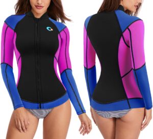 ctrilady wetsuit top 1.5mm high-necked women wetsuit long sleeve jacket neoprene wetsuits with front zipper for swimming diving surfing boating kayaking snorkeling (hotpink, large)