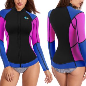 CtriLady Wetsuit Top 1.5mm High-Necked Women Wetsuit Long Sleeve Jacket Neoprene Wetsuits with Front Zipper for Swimming Diving Surfing Boating Kayaking Snorkeling (HotPink, Large)