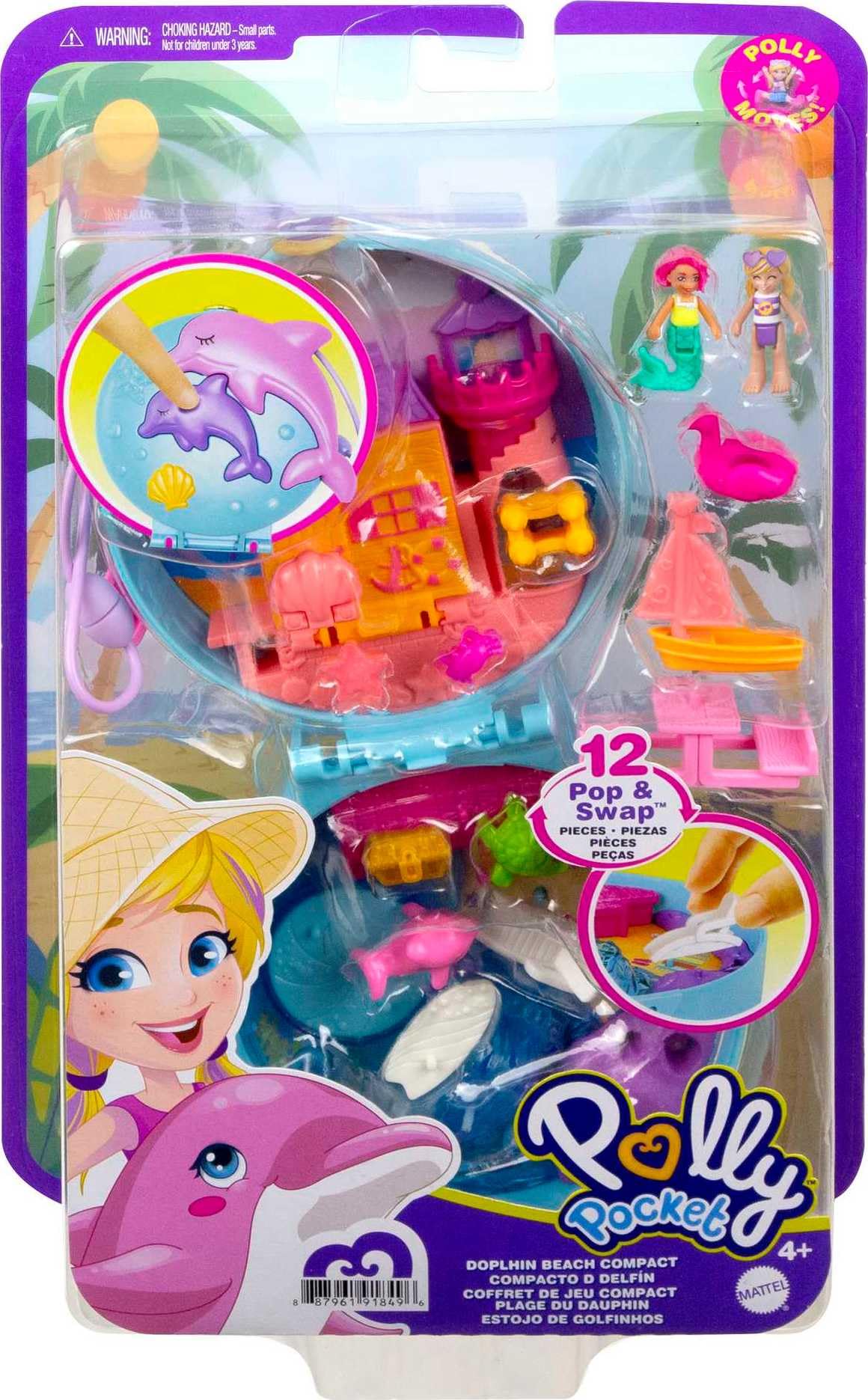 Polly Pocket Compact Playset, Dolphin Beach with Micro Polly, Mermaid Doll & Accessories, Travel Toys with Surprise Reveals