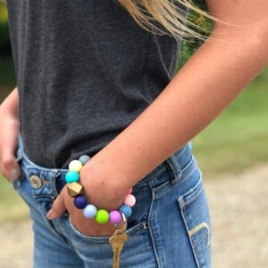 NVENF Silicone Bead Keychain Bracelet Large Keyring Elastic House Car Key Ring Wristlet Bangles(Rainbow)