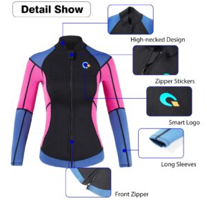 CtriLady Wetsuit Top 1.5mm High-Necked Women Wetsuit Long Sleeve Jacket Neoprene Wetsuits with Front Zipper for Swimming Diving Surfing Boating Kayaking Snorkeling (HotPink, Large)