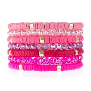 riah fashion bohemian multi-layer beaded stacking statement bracelets - versatile stretch sparkly crystal beads wrap slip-on bangle set (sparkly & coin bead ombre 7 layer - pink)