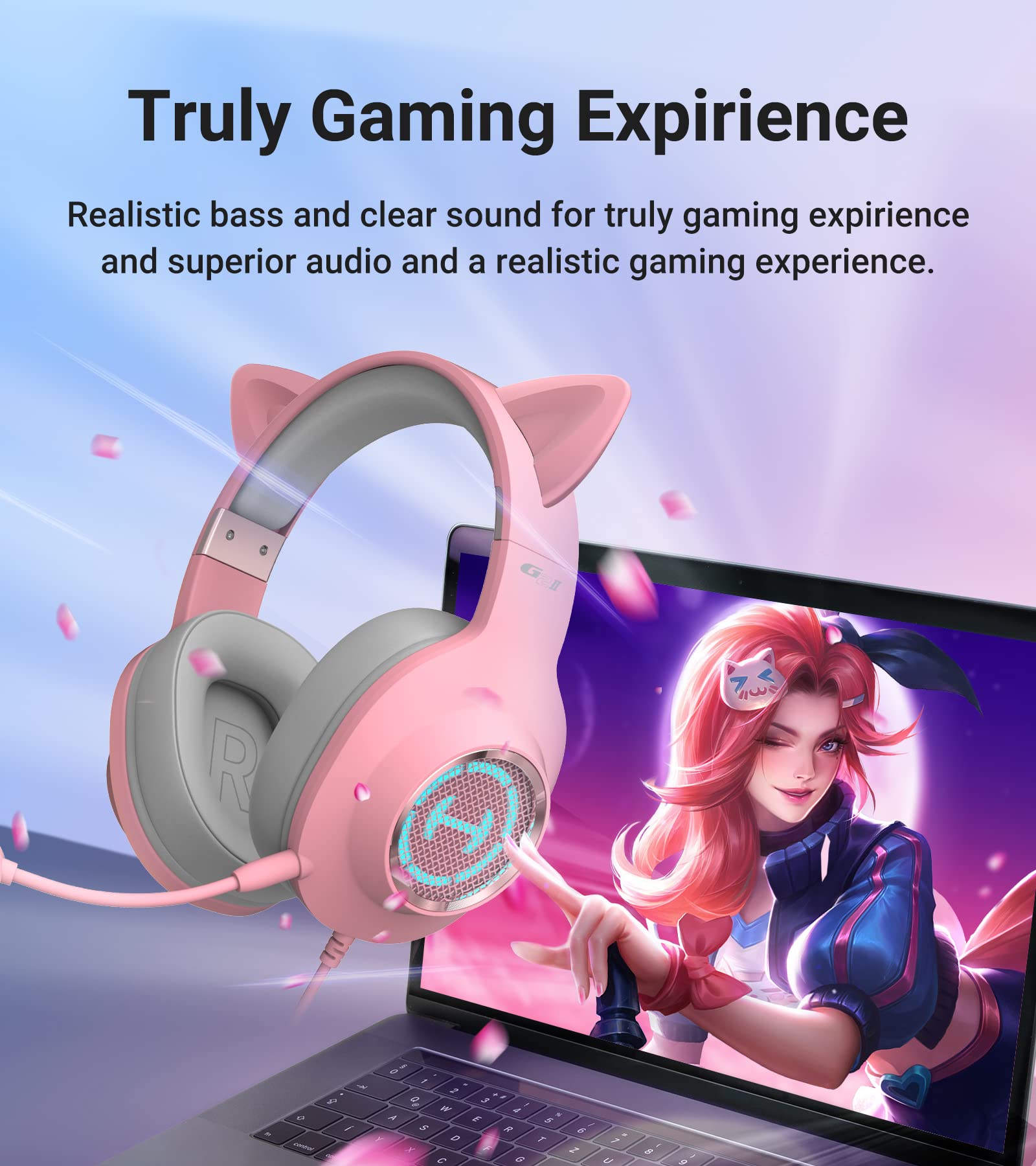 HECATE by Edifier G2 II Pink Gaming Headset, USB Wired Pink Gaming Headphones with Cat Ear for PC/MAC/PS4/PS5, 7.1 Surround Sound, Detachable Cat Ear and Noise Cancelling Microphone, LED RGB Lighting