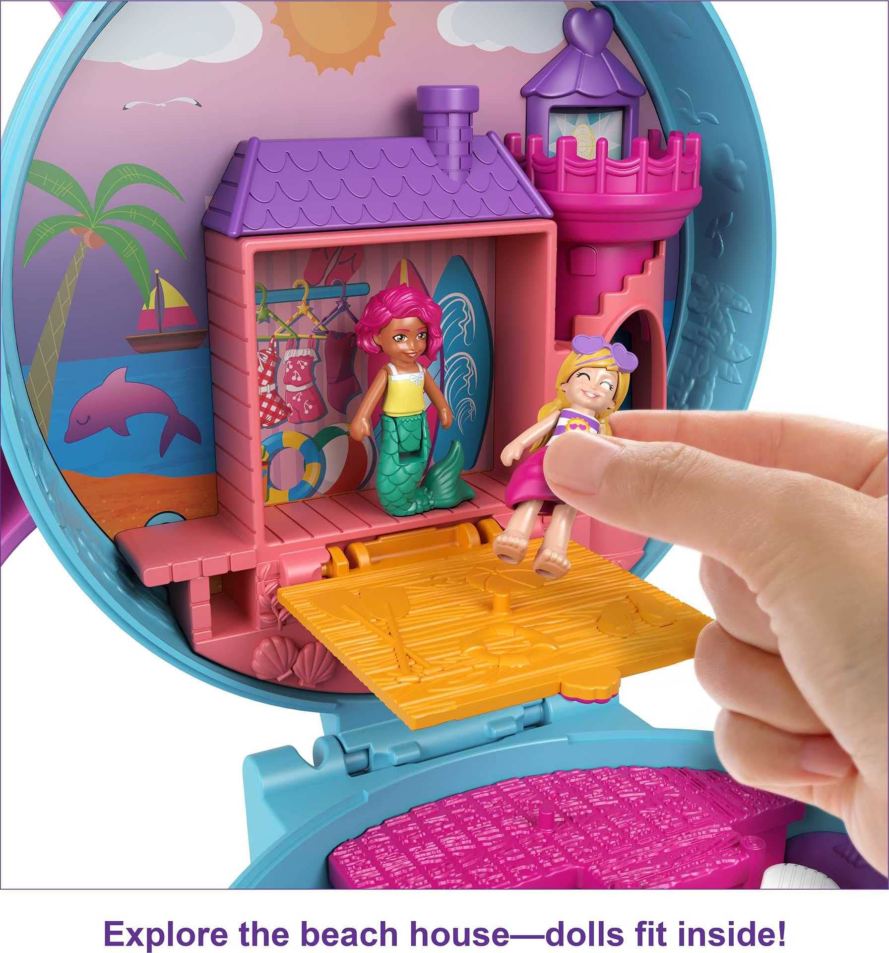 Polly Pocket Compact Playset, Dolphin Beach with Micro Polly, Mermaid Doll & Accessories, Travel Toys with Surprise Reveals