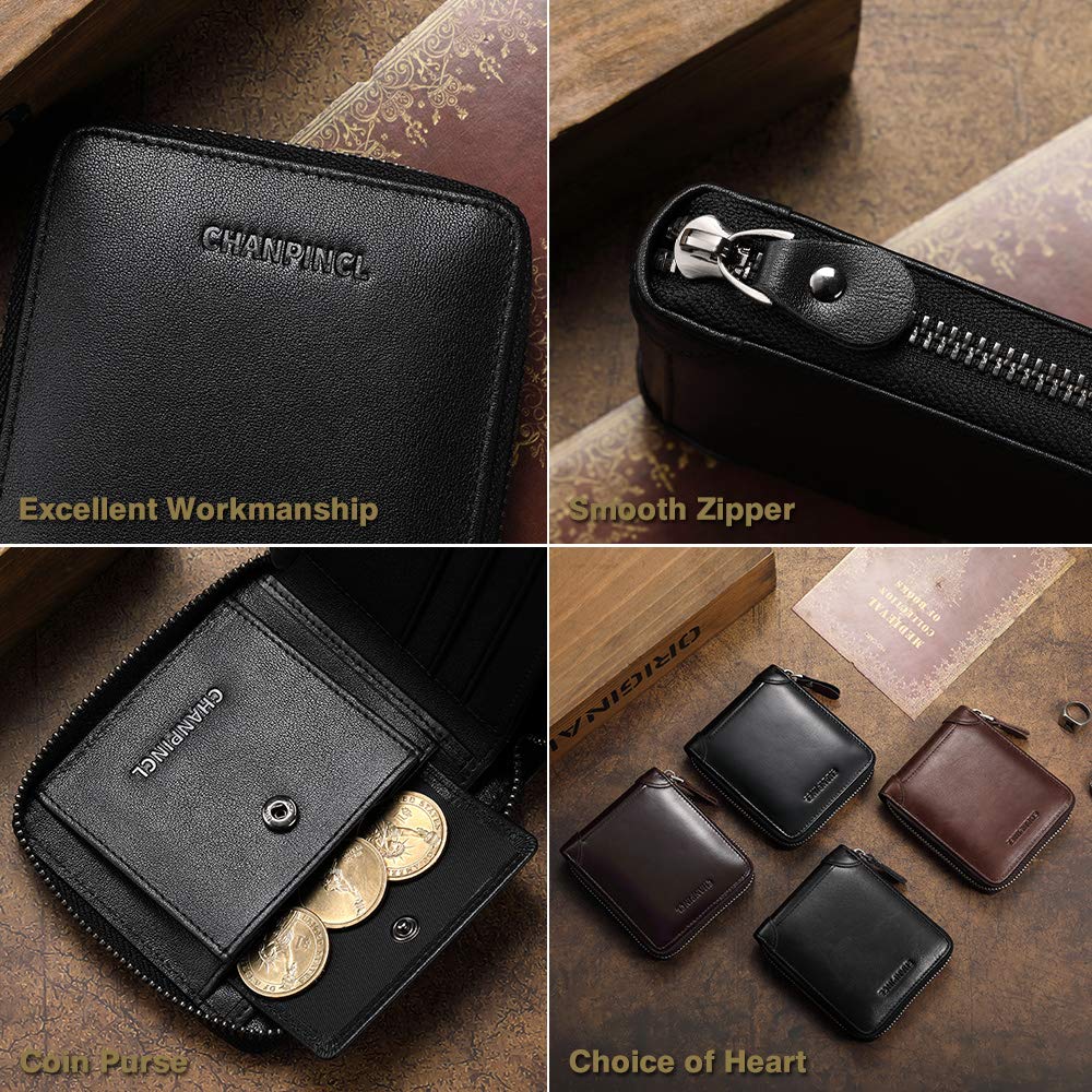 CHANPINCL Mens Genuine Leather Zipper Wallet RFID Secure Large Capacity Double Fold Multi-card Leather Wallets for Men and coin purse (Calf leather black)