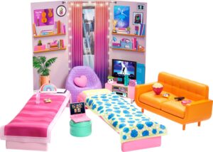 barbie toy playset, big city, big dreams dorm room furniture & accessories, includes 2 beds, couch, bean bag chair & more