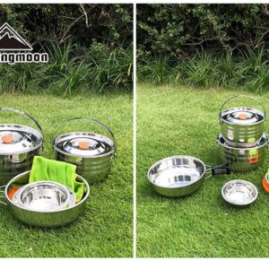 CAMPING MOON Cookware Set, 13PCS Stainless Steel Outdoor Camping Nesting Mess Kit Pots Pans, Magnetic Thick Bottom, Foldable Handle, Includes Storage Bag