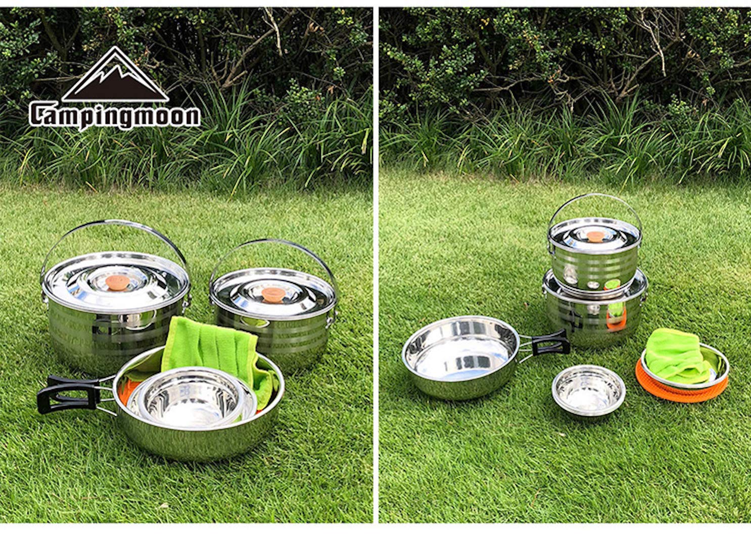 CAMPING MOON Cookware Set, 13PCS Stainless Steel Outdoor Camping Nesting Mess Kit Pots Pans, Magnetic Thick Bottom, Foldable Handle, Includes Storage Bag