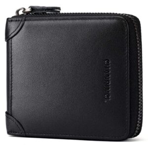 chanpincl mens genuine leather zipper wallet rfid secure large capacity double fold multi-card leather wallets for men and coin purse (calf leather black)