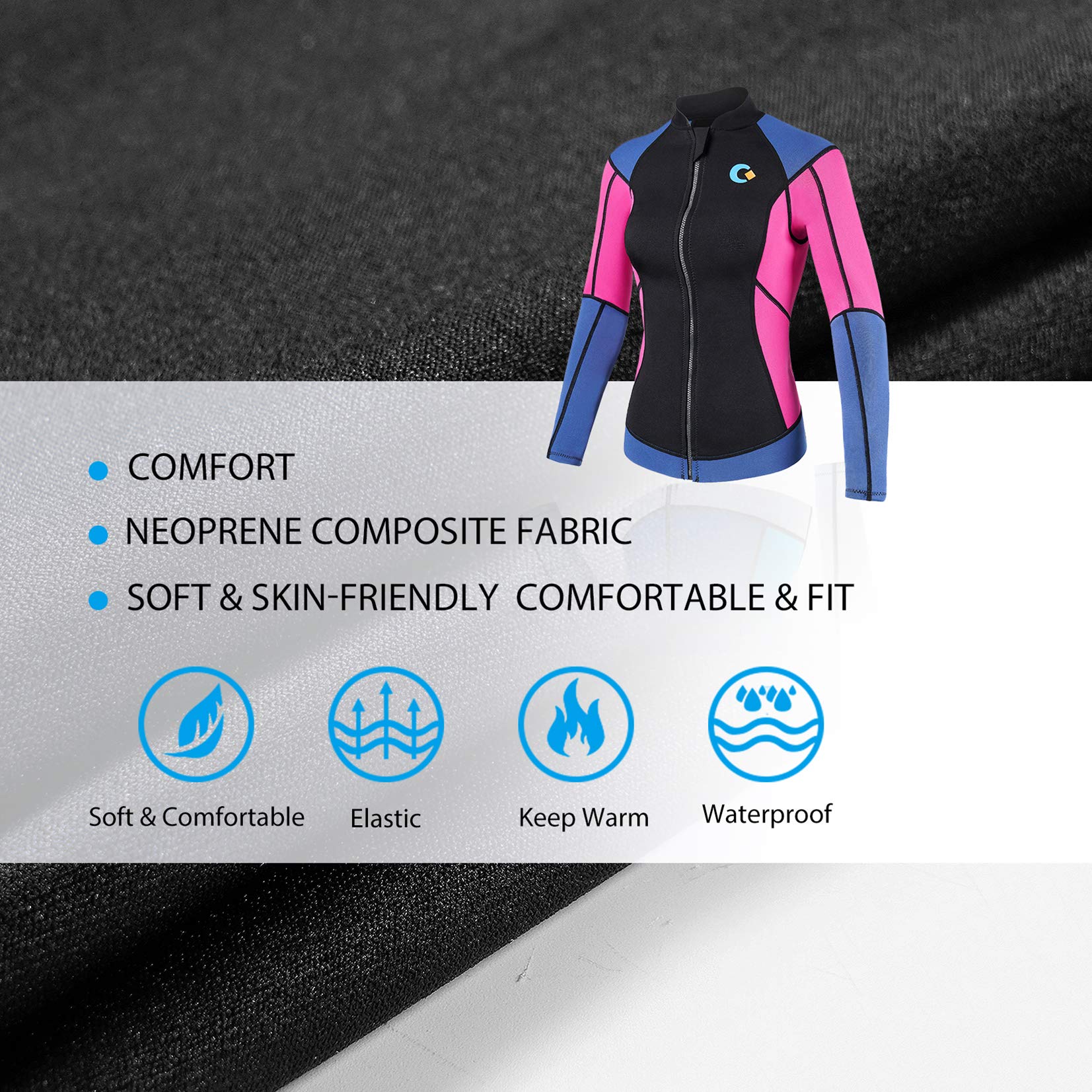 CtriLady Wetsuit Top 1.5mm High-Necked Women Wetsuit Long Sleeve Jacket Neoprene Wetsuits with Front Zipper for Swimming Diving Surfing Boating Kayaking Snorkeling (HotPink, Large)