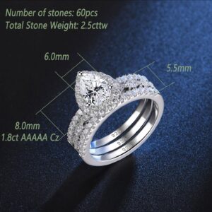 Wuziwen Halo Pear Cut Wedding Ring Set CZ Engagement Rings for Women 925 Sterling Silver Size 7