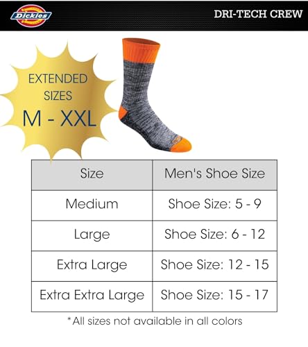 Dickies Men's Dri-Tech Legacy Moisture Control Crew Socks Multipack, Hi-Vis Orange Black (6 Pairs), Medium