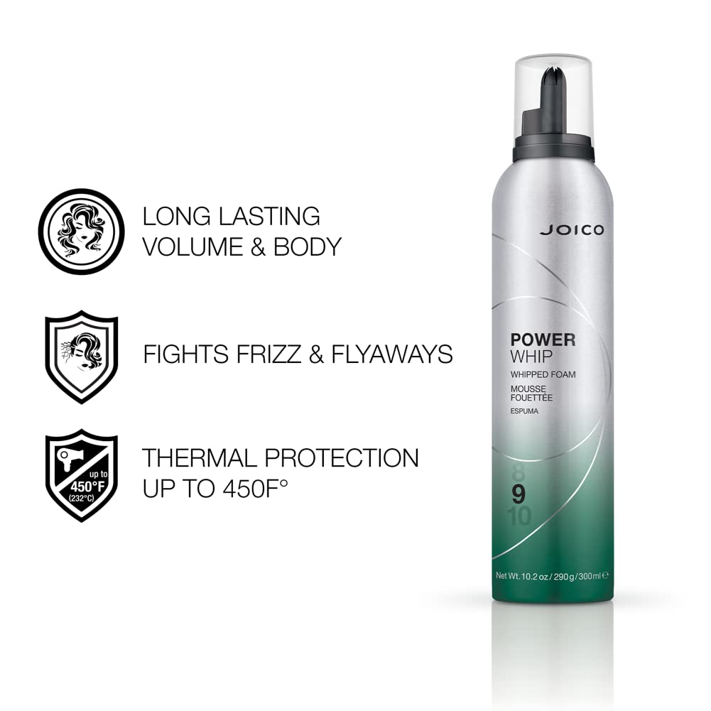 Joico Power Whip Whipped Foam | For Most Hair Types | Add Volume & Body | Thermal Heat, Humidity, & Pollution Protection | Boost Shine | Control Frizz & Flyaways | Silicone & Paraben Free | 10.2 Fl Oz