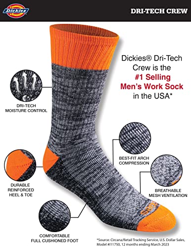 Dickies Men's Dri-Tech Legacy Moisture Control Crew Socks Multipack, Hi-Vis Orange Black (6 Pairs), Medium