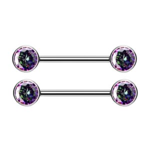 pierced owl 14g implant grade titanium threadless push-in bezel set cz crystal nipple barbells, sold as a pair (vitrail medium, 14mm (9/16"))