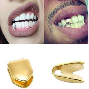 2 Pieces 14K Plated Gold Grillz Mouth Teeth, Hip Hop Teeth Plain, Top Tooth Single Grill Cap for Teeth Mouth Party Accessories Teeth Grills