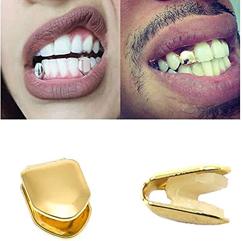 2 Pieces 14K Plated Gold Grillz Mouth Teeth, Hip Hop Teeth Plain, Top Tooth Single Grill Cap for Teeth Mouth Party Accessories Teeth Grills