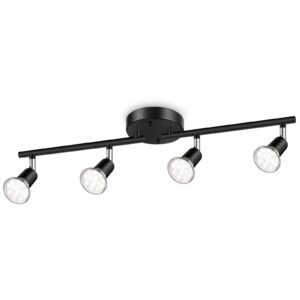 ascher 4-light led track lighting kit, flexibly rotatable light heads, 4 way ceiling spotlight black finish, including 4 gu10 led bulbs (4w 400lm daylight white 5000k)