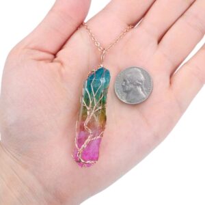 PESOENTH Life Tree Rainbow Quartz Crystal Gemstone Reiki Healing Rock Raw Stone Chakra Pendant Necklace Women Rose Gold Wire Wrap Gemstone Necklace Jewelry Gifts