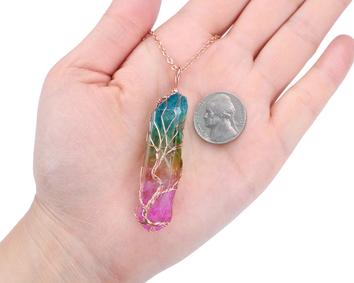 PESOENTH Life Tree Rainbow Quartz Crystal Gemstone Reiki Healing Rock Raw Stone Chakra Pendant Necklace Women Rose Gold Wire Wrap Gemstone Necklace Jewelry Gifts