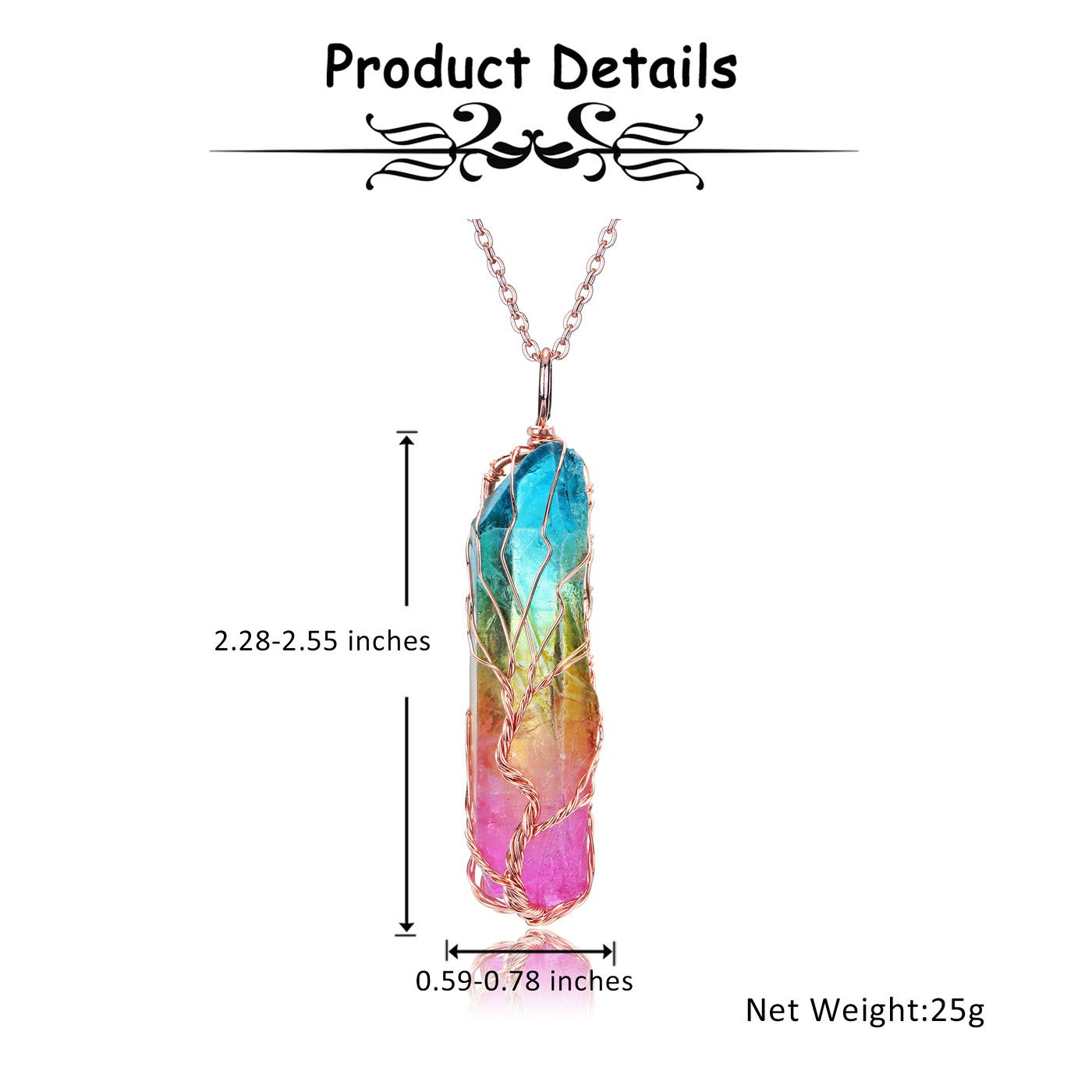 PESOENTH Life Tree Rainbow Quartz Crystal Gemstone Reiki Healing Rock Raw Stone Chakra Pendant Necklace Women Rose Gold Wire Wrap Gemstone Necklace Jewelry Gifts