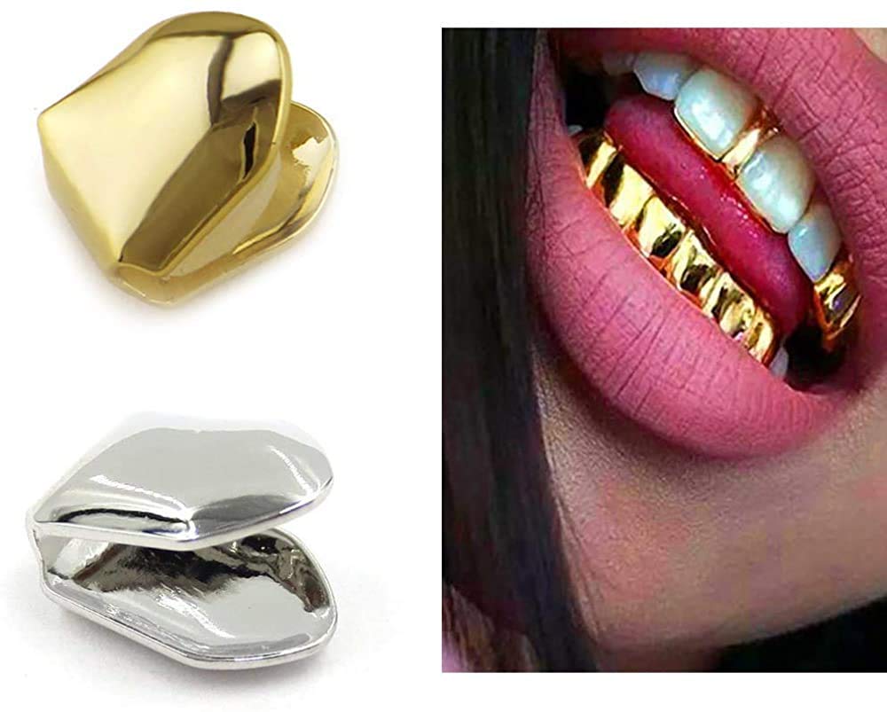 2 Pieces 14K Plated Gold Grillz Mouth Teeth, Hip Hop Teeth Plain, Top Tooth Single Grill Cap for Teeth Mouth Party Accessories Teeth Grills