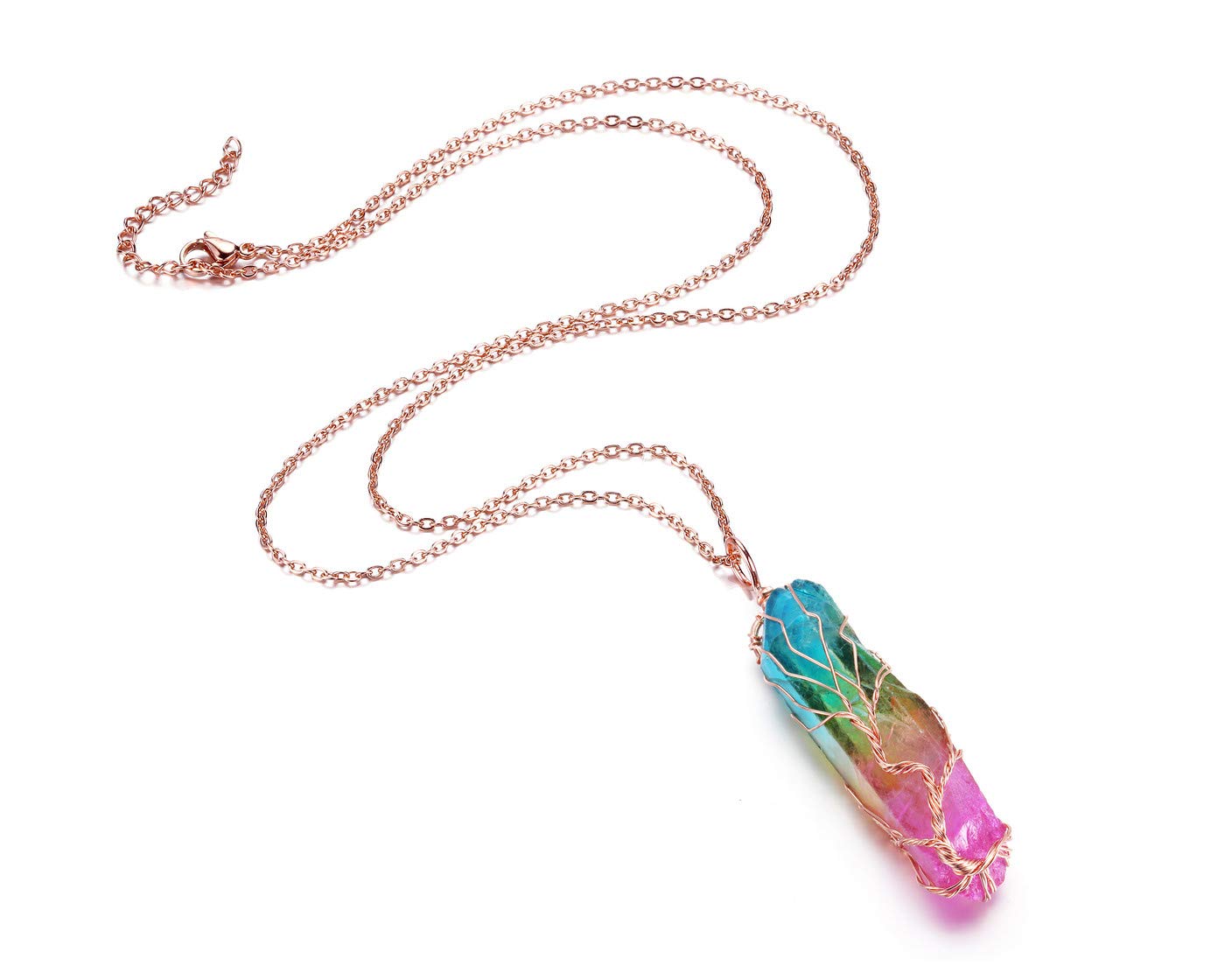 PESOENTH Life Tree Rainbow Quartz Crystal Gemstone Reiki Healing Rock Raw Stone Chakra Pendant Necklace Women Rose Gold Wire Wrap Gemstone Necklace Jewelry Gifts