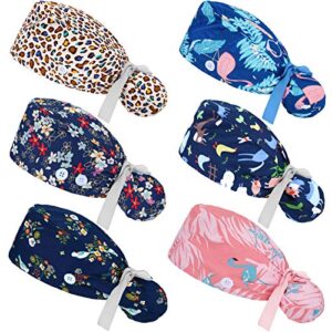 6 pcs scrub caps women nursing hats with buttons adjustable bouffant nurse hats ponytail holder bouffant turban hats (fresh patterns)