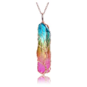 pesoenth life tree rainbow quartz crystal gemstone reiki healing rock raw stone chakra pendant necklace women rose gold wire wrap gemstone necklace jewelry gifts