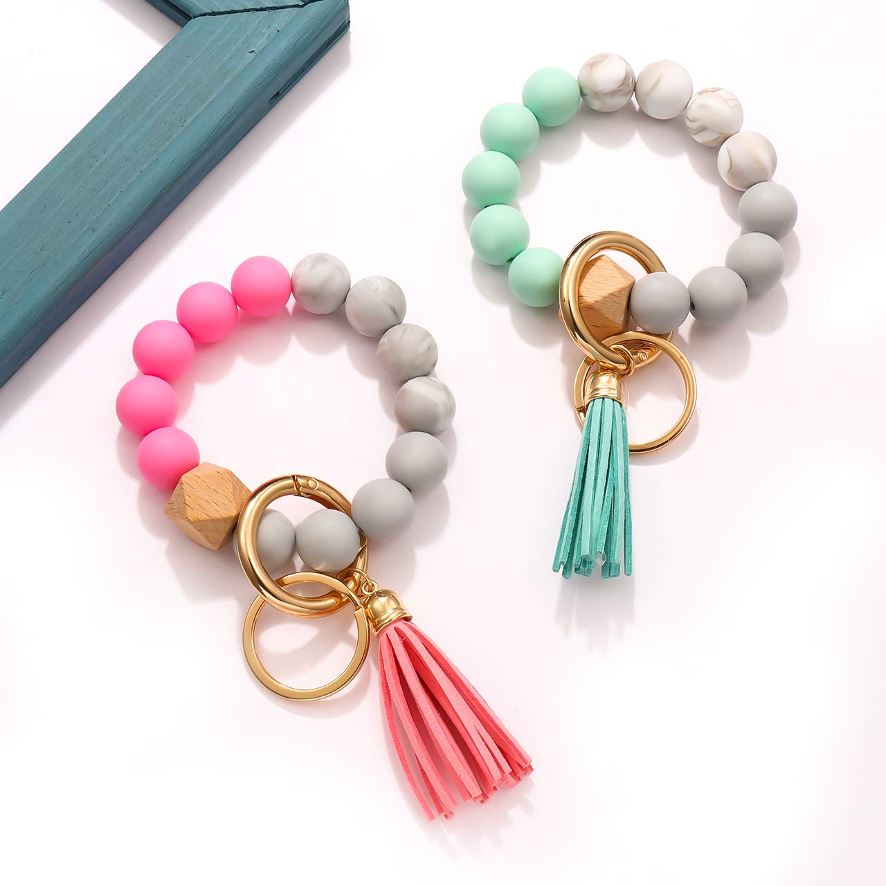 HZEYN 3 PACK Silicone Bead Keyring Bracelet Wristlet Keychain Tassel Stretch Key Ring Bangle Bracelet Office House Door Car Key Ring Holder