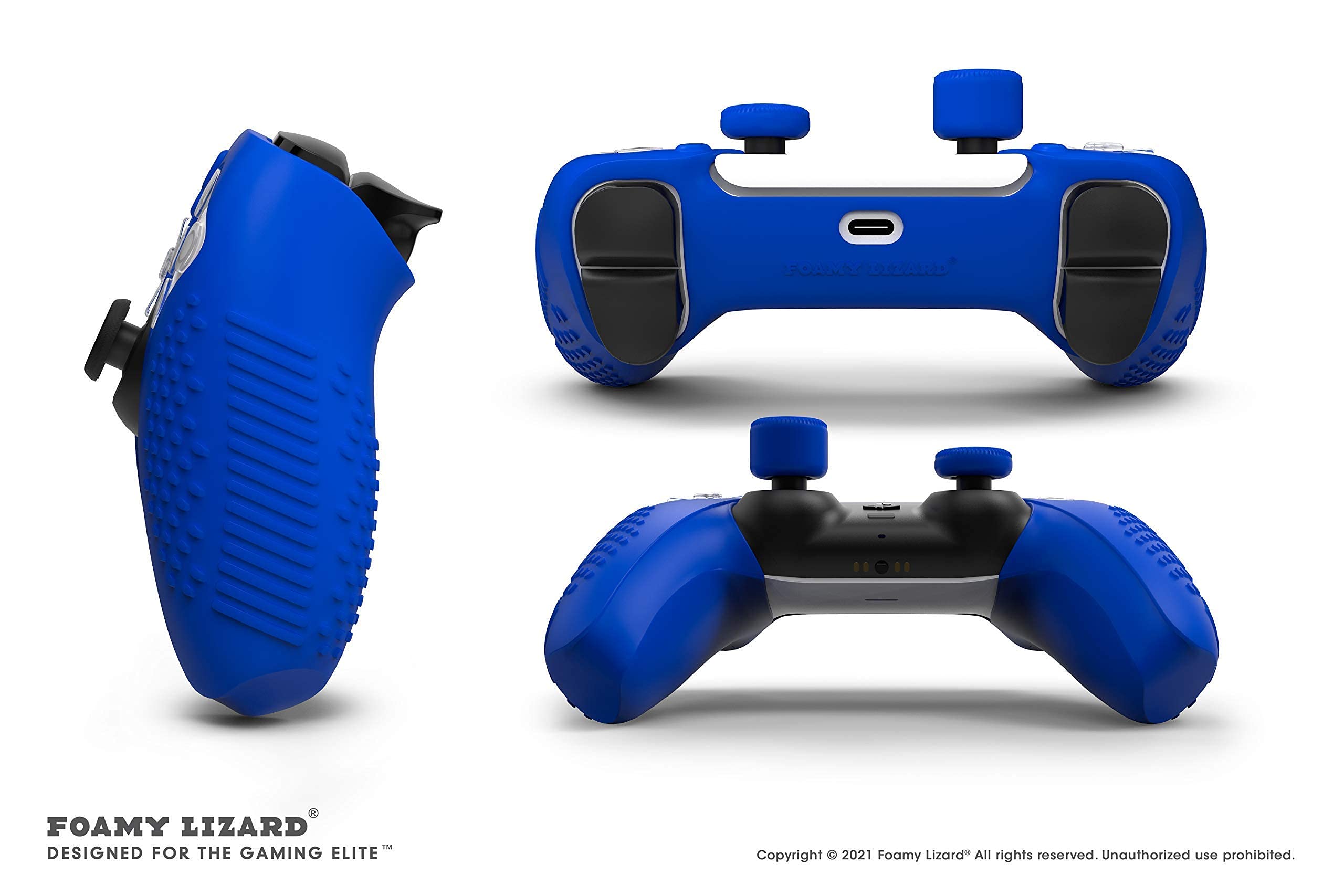 Foamy Lizard SensePro PS5 Controller Skin | Dock Compatible, Soft Flat Anti-Slip Studded Silicone Gel Grip Cover for PlayStation 5 Dualsense, Rubber Protector Plus 8 Raised Thumb Grip Caps (Blue)