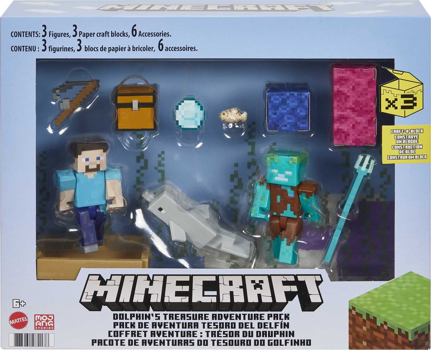 Mattel Minecraft Treasure Hunt Adventure Pack Figures, Accessories and Papercraft Blocks, Complete Play in a Box, Toy for Kids Ages 6 Years and Older